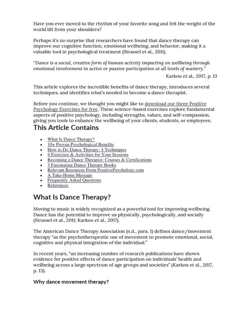 Benefits and Techniques of Dance Therapy | PDF | Psychotherapy ...