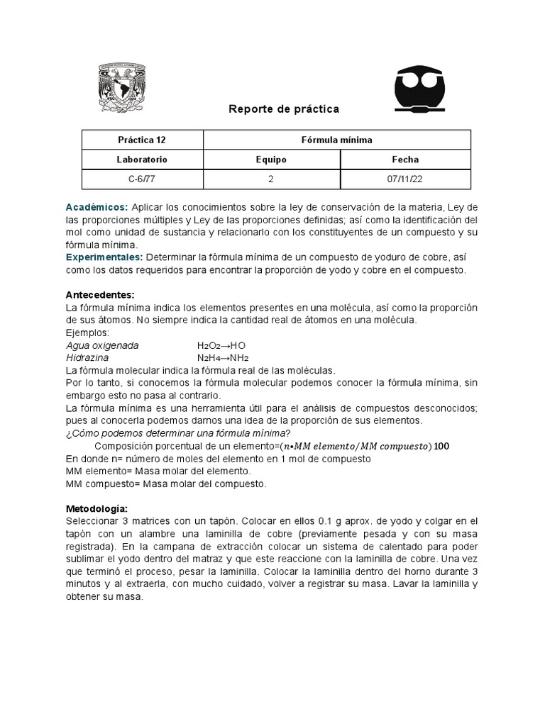 QG 1 - Reporte Práctica 12 | PDF | Compuestos químicos | Moléculas
