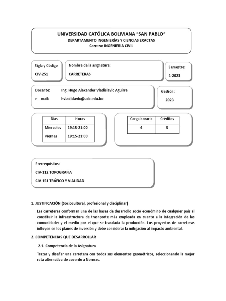 Plan de Asignatura 1-2023 Civ-251-Carreteras | PDF | Diseño | Evaluación