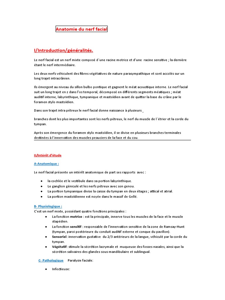 Anatomie du nerf facial et ses trajets | PDF | Anatomie humaine | Tête ...