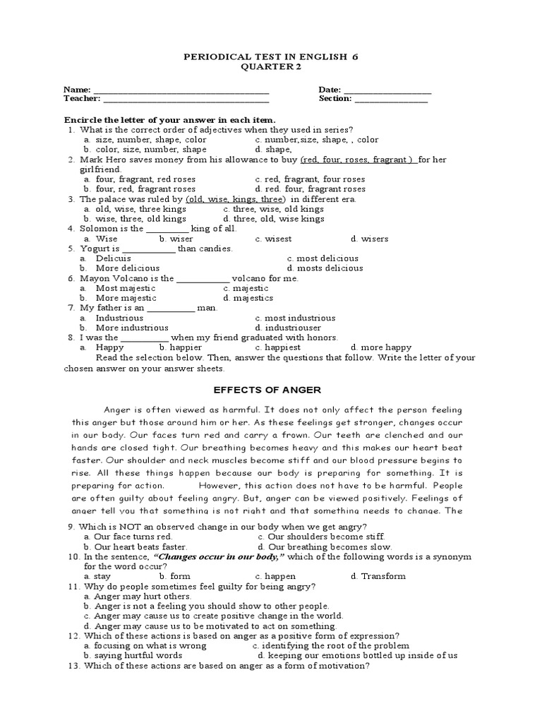 Quarter 2 PT English MELCs Based | PDF | Anger