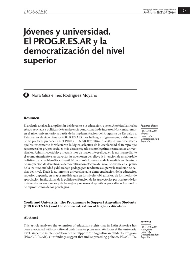 Gluz y Moyano (2016) - Jovenes y Universidad. El PROGRESAR y La Democratizacion Del Nivel ...