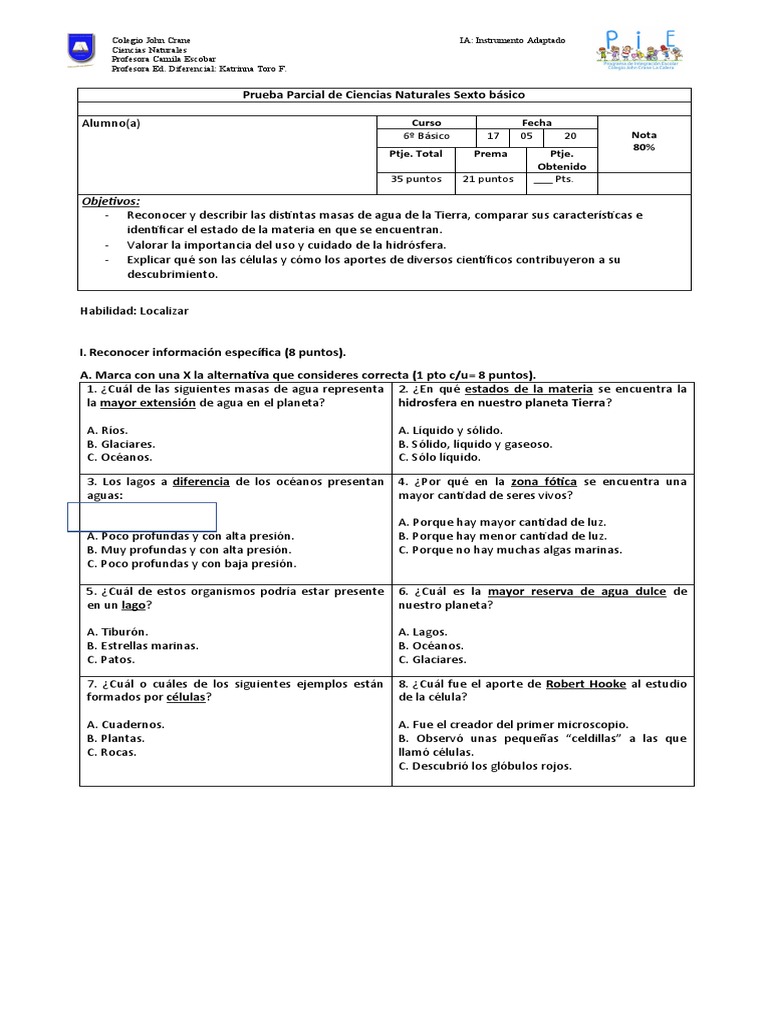 Prueba Parcial de Ciencias Naturales Adecuada Sexto | PDF | Agua | Océanos