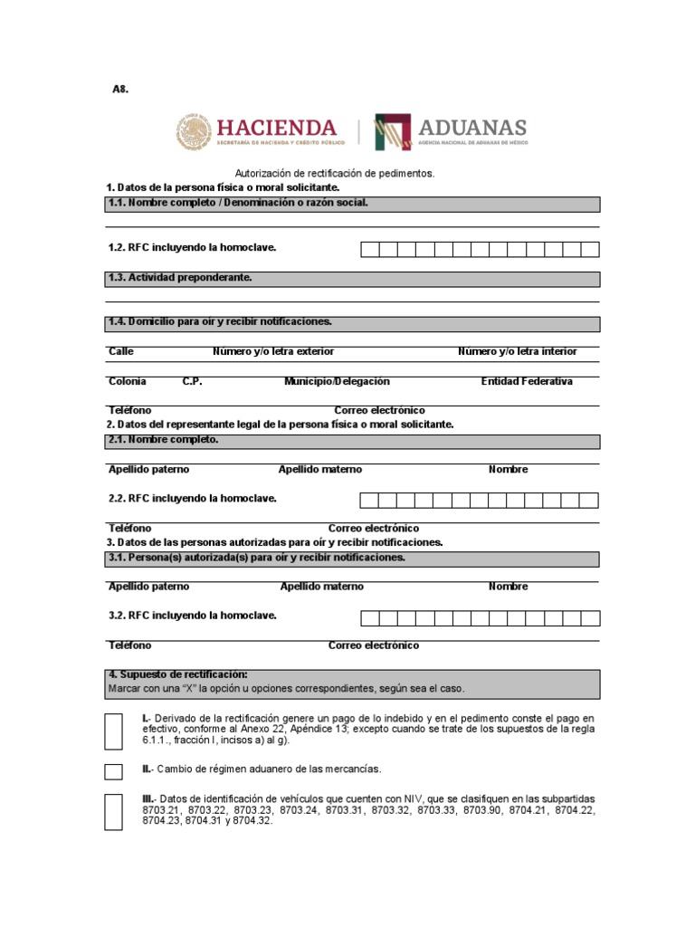 Solicitud de Rectificación de Pedimentos A8 | PDF | Finanzas y dinero ...