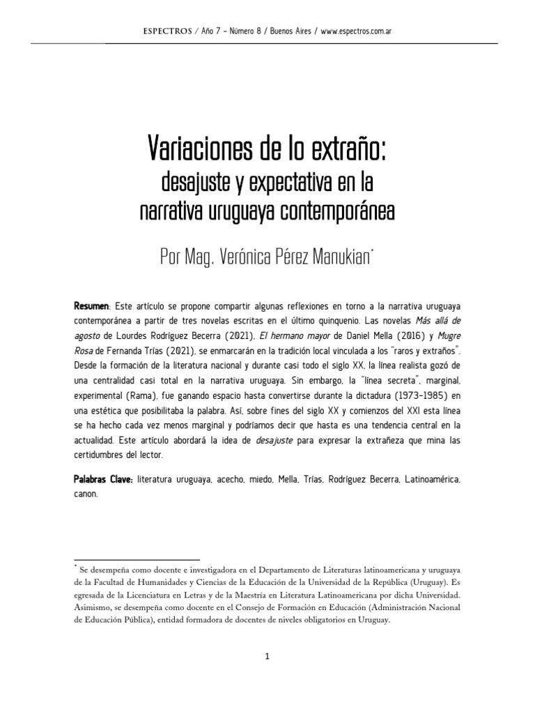 Variaciones de Lo Extraño - Desajuste y Expectativa en La Narrativa Uruguaya Contemporánea - Por ...