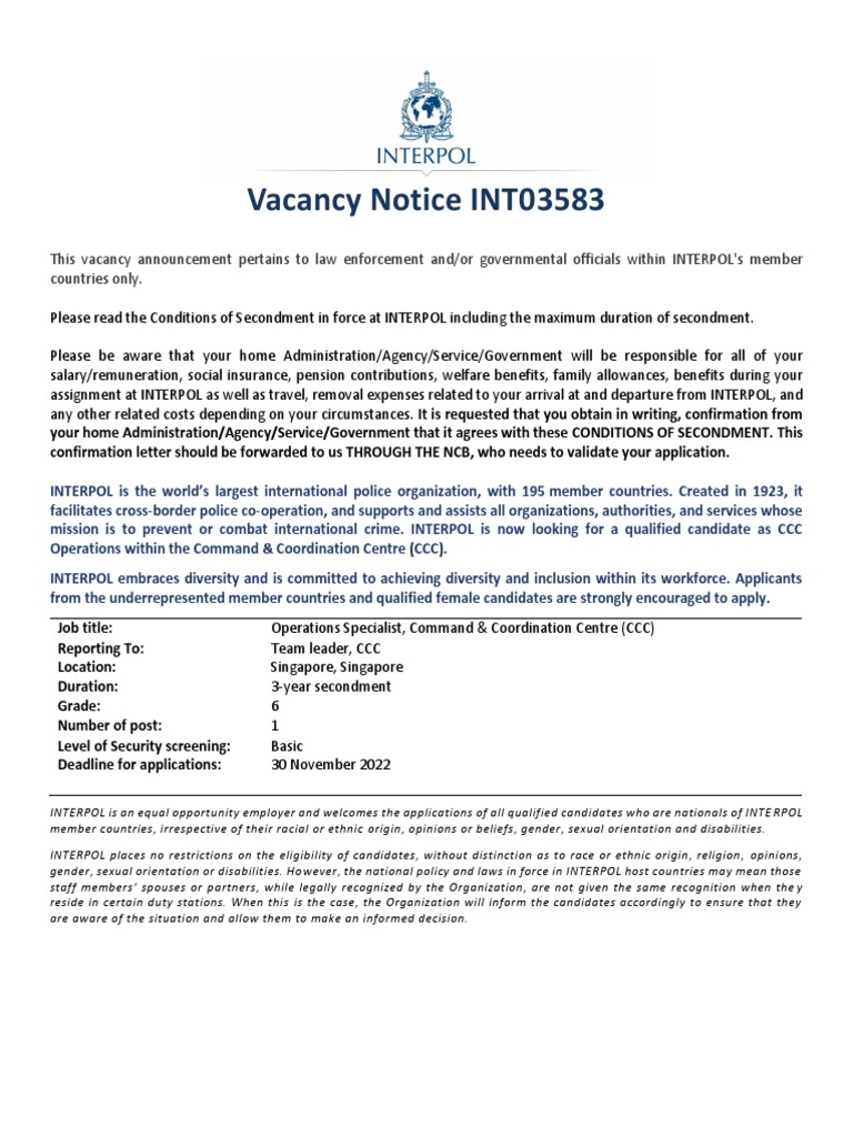 INTERPOL CCC Operations Specialist Vacancy | PDF | Employment | Experience