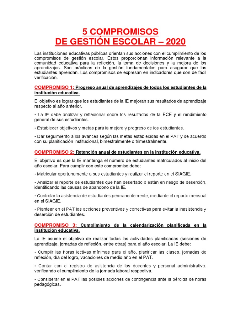 5 Compromisos de Gestión Escolar - 2020 | PDF | Enseñando | Planificación