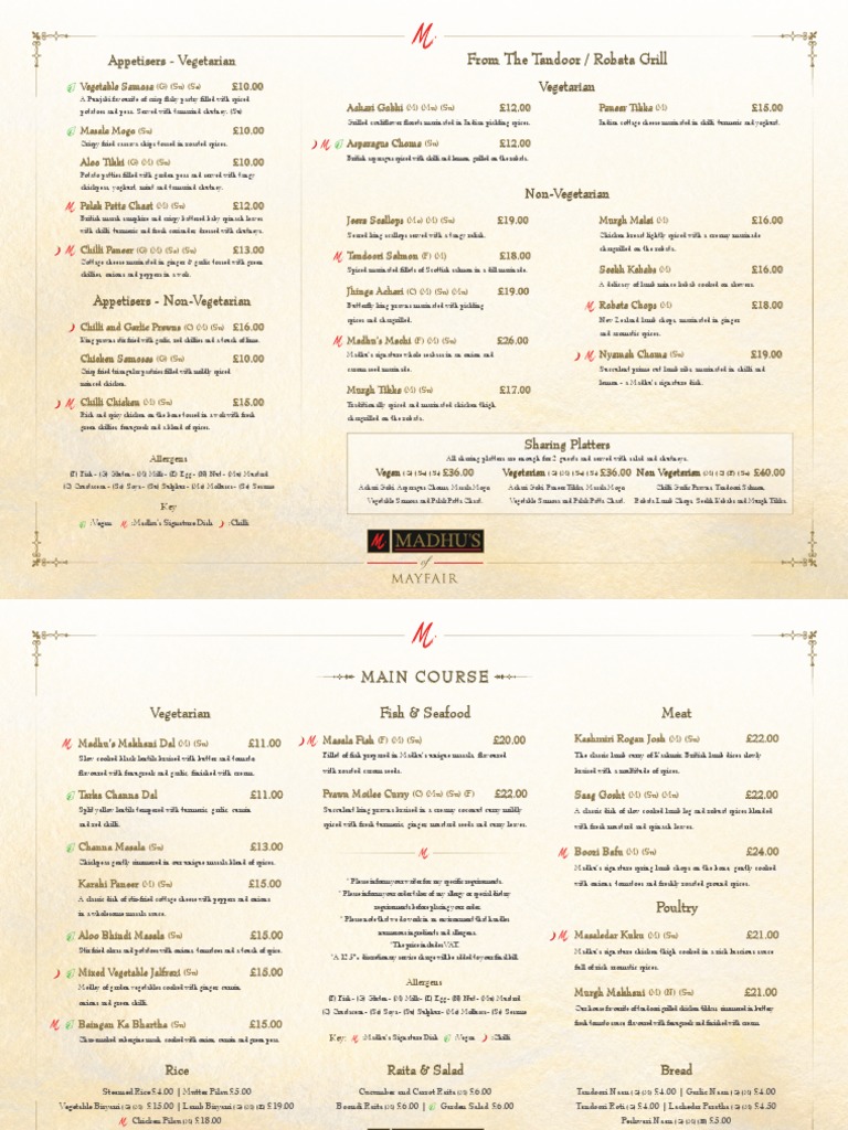 Madhus Mayfair Main Menu Nov 21 | PDF | Curry | Indian Cuisine
