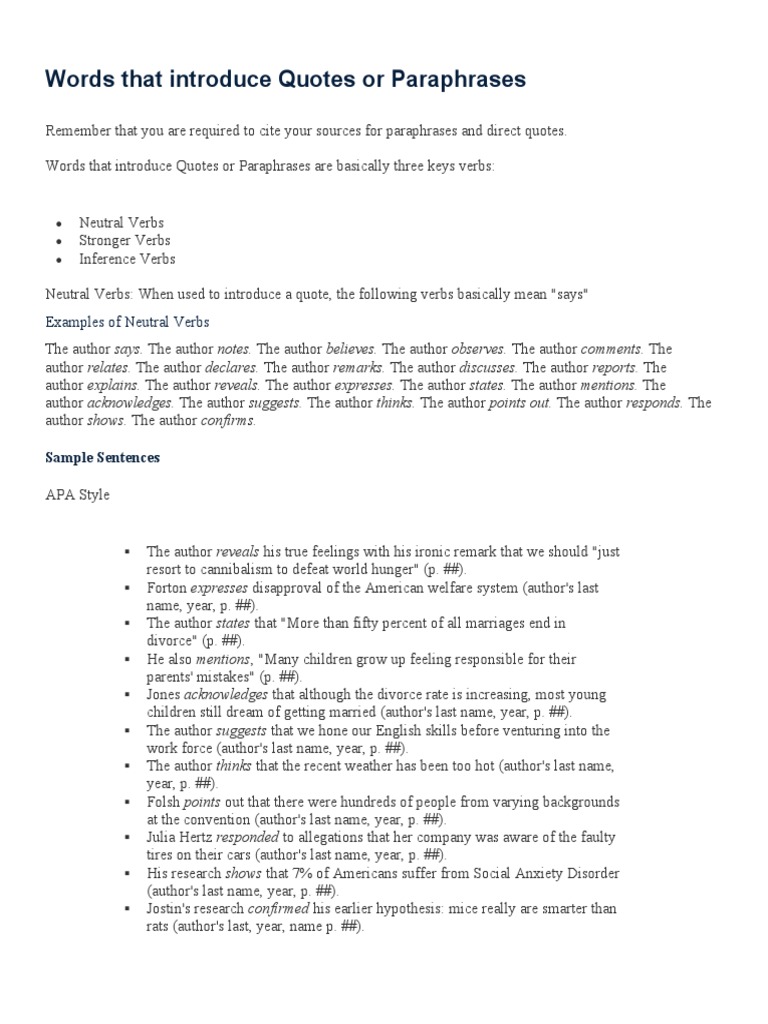 Words That Introduce Quotes or Paraphrases | PDF | Cognitive Science