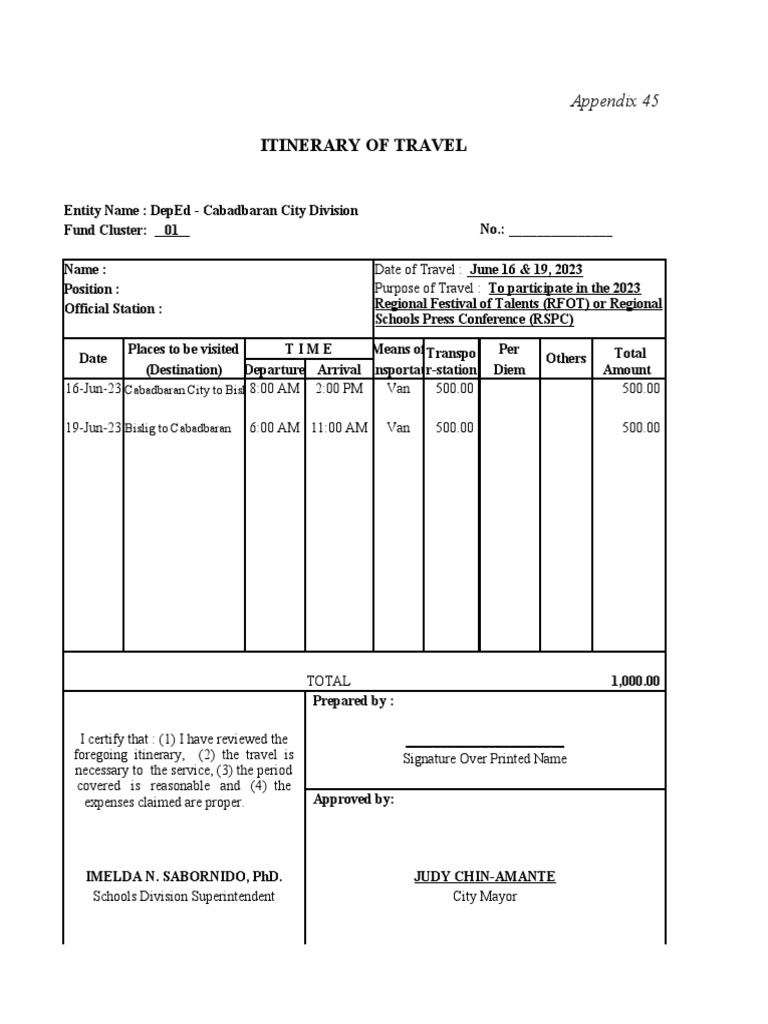 Travelling Expenses Itinenary Appendix a b 2023 Rfot Rspc | PDF