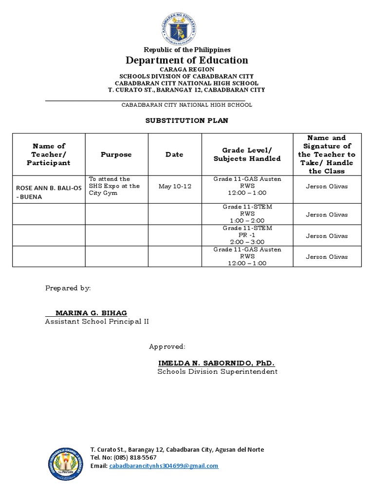 Substitution Plan Sample | PDF | Government | Philippines