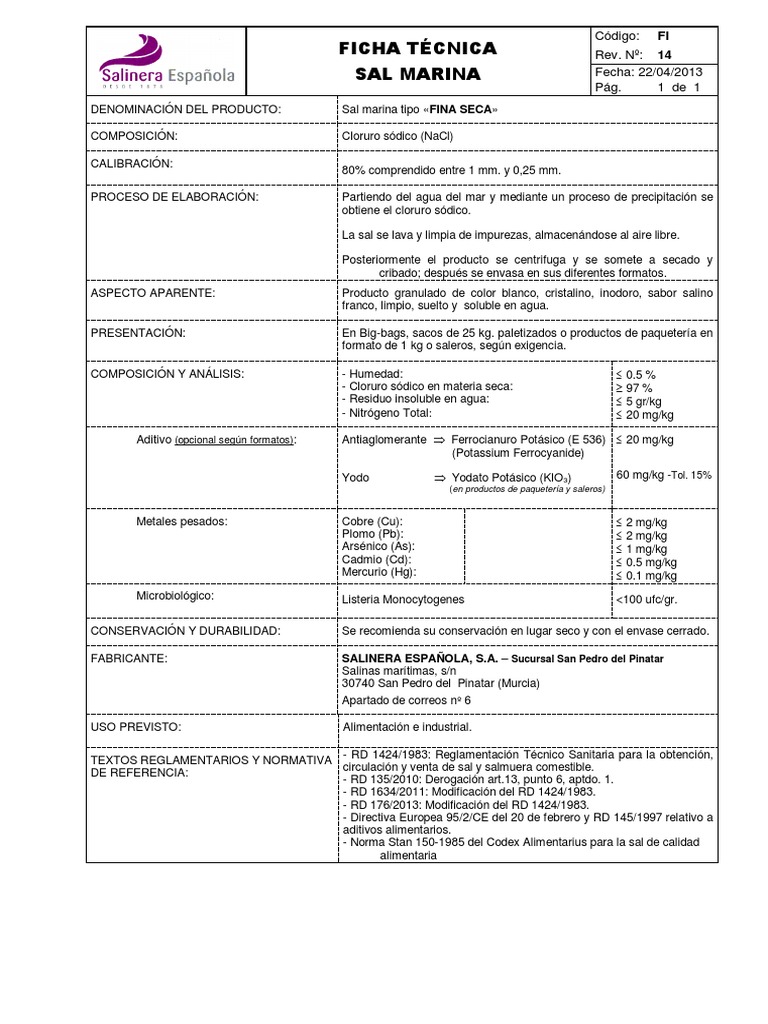 Ficha Tecnica Sal | PDF | sal | Cobre