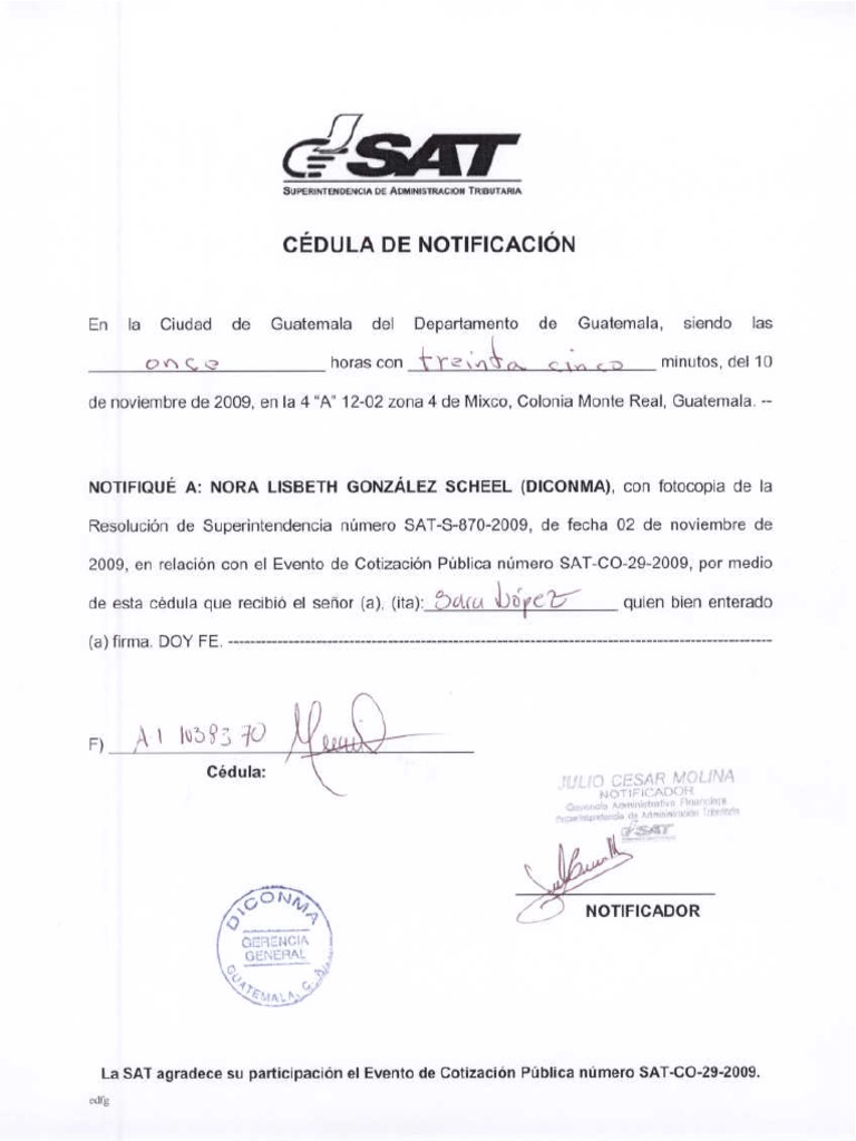 Ejemplo Cedula de Notificación Tributaria | PDF