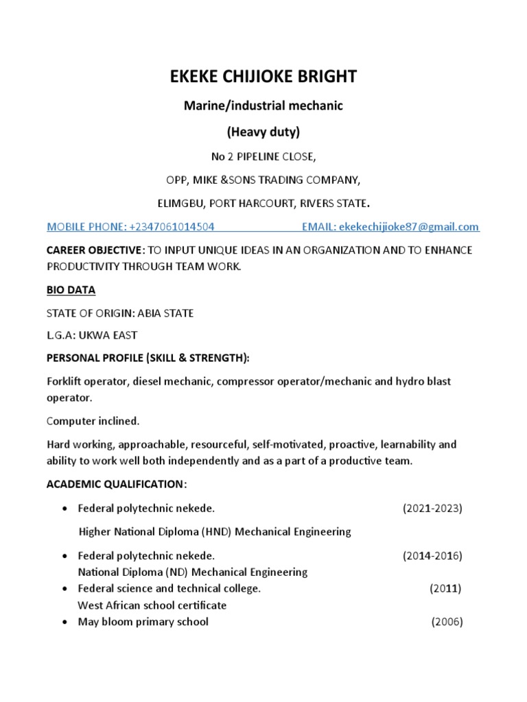 Ekeke Chijioke Bright CV | PDF | Engines | Physical Sciences