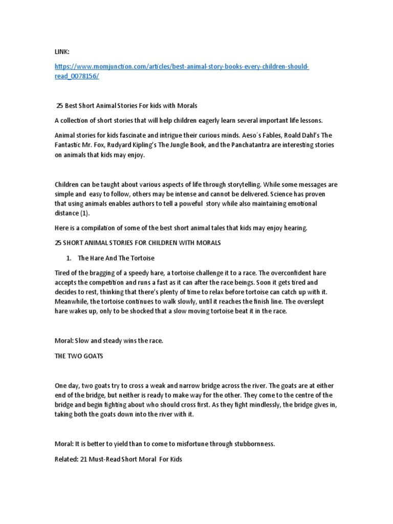 25 Best Short Animal Stories For Kids With Morals | PDF