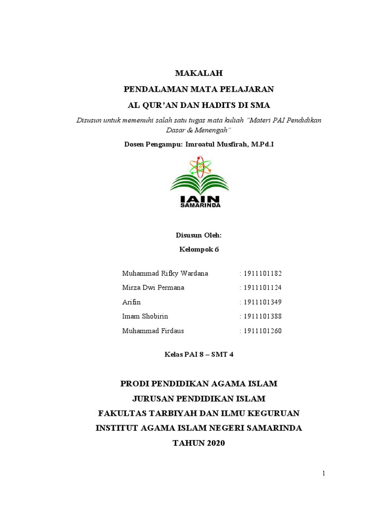 Makalah K. 6 Pendalaman Mata Pelajaran Al Qur'an & Hadits Di SMA (Rvs 1) | PDF