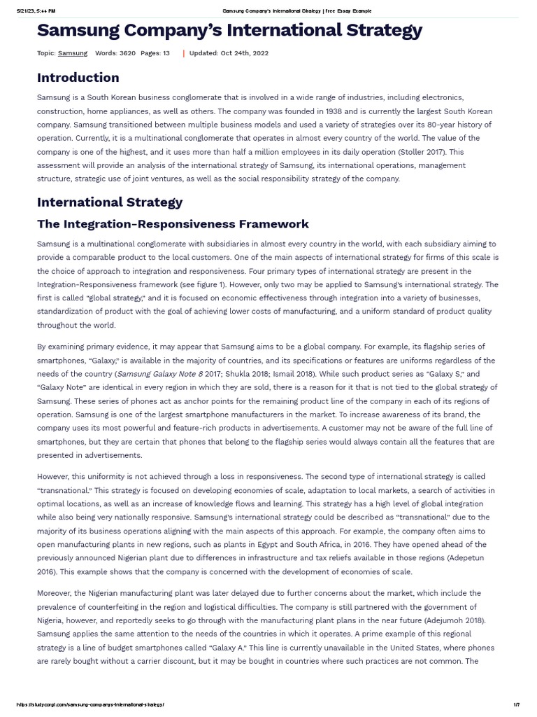 Samsung Company's International Strategy - Free Essay Example | PDF ...
