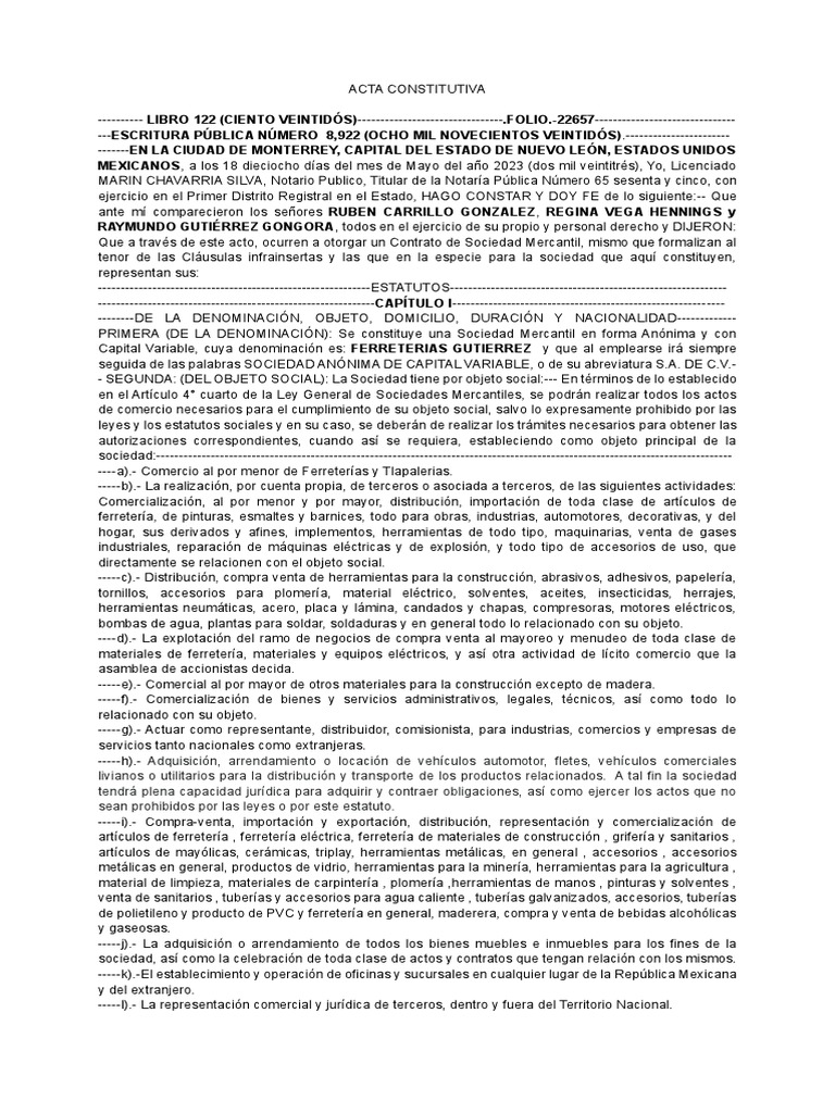 Acta Constitutiva | PDF | Sociedad de responsabilidad limitada | Compartir (Finanzas)