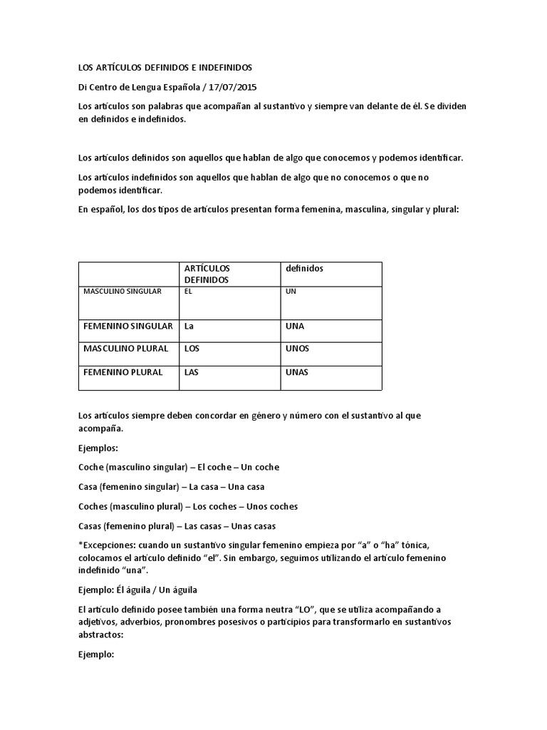 Los Artículos Definidos e Indefinidos | PDF | Plural | Relaciones ...