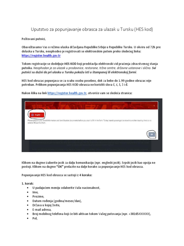 Uputstvo Za Popunjavanje Obrasca Za Ulazak U Tursku | PDF