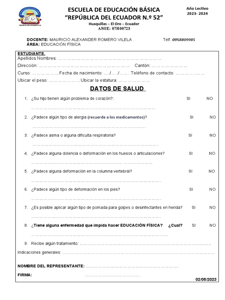Ficha Medica Del Eeff 2023 - 2024 | PDF
