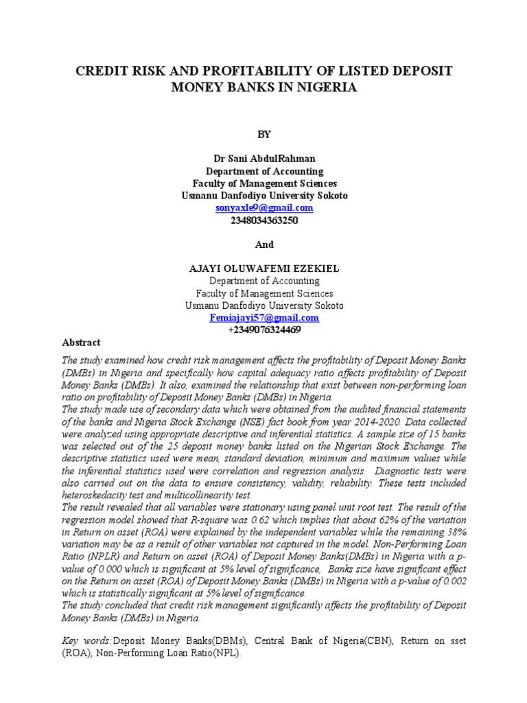 Credit Risk and Profitability of Listed Deposit Money Banks in Nigeria | PDF | Fixed Effects ...