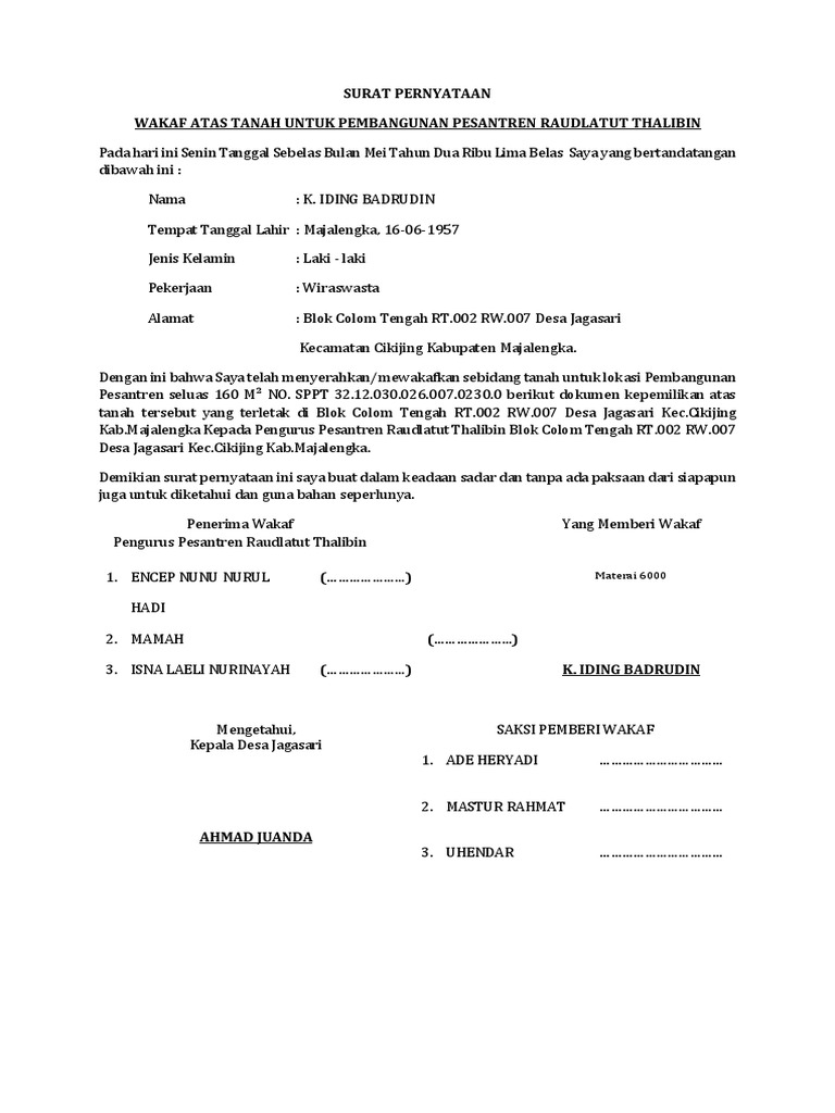 Surat Pernyataan Wakaf | PDF