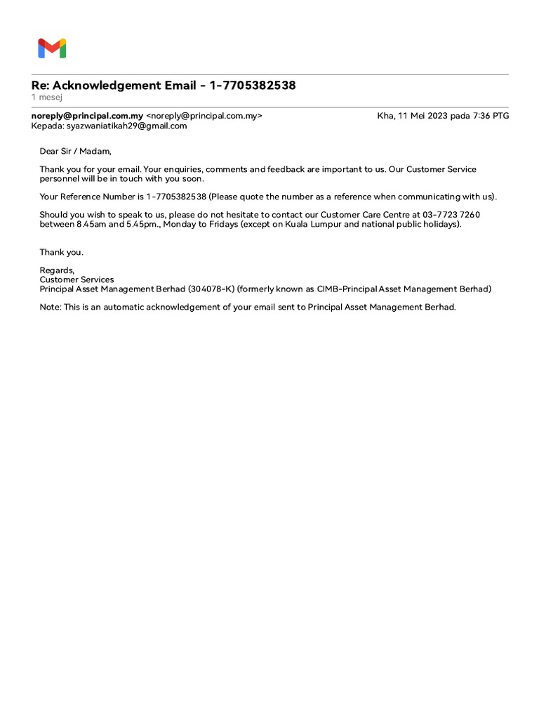 Acknowledgement Email from Principal Asset Management | PDF | Career ...