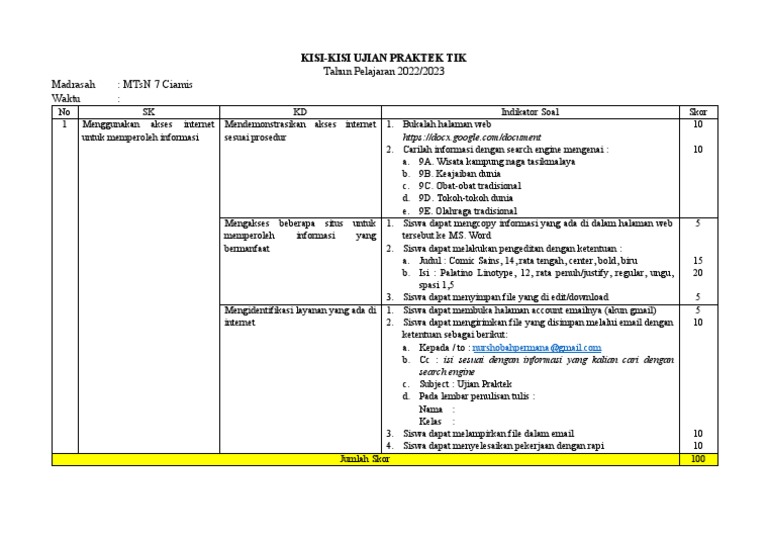Kisi-Kisi Ujian Praktek TIK 2023 | PDF