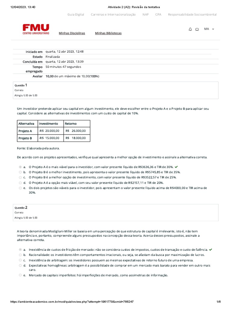 Atividade 2 (A2) - Revisão Da Tentativa | PDF | Custo de capital | Fluxo de caixa