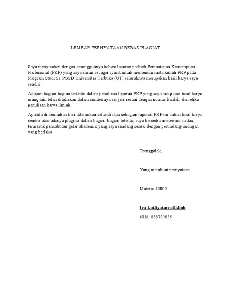 Lembar Pernyataan Bebas Plagiat | PDF