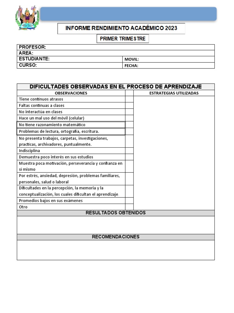 Modelo de Informe Pedagogico Por Estudiante | PDF | Crecimiento personal y profesional ...