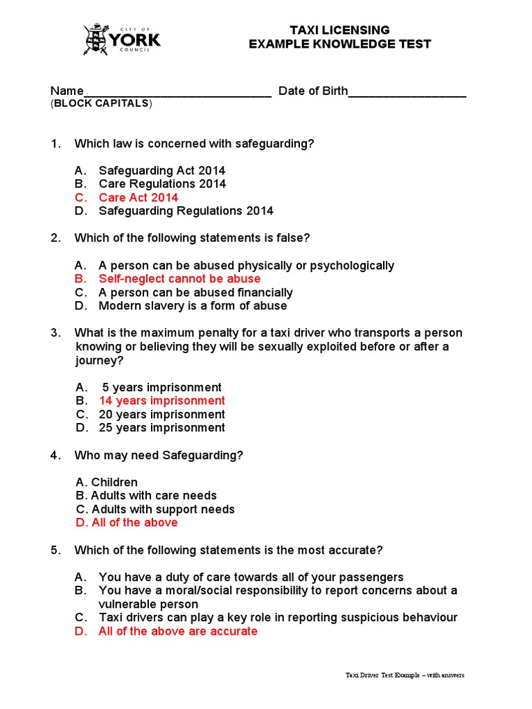 Taxi Licensing Example Test Questions With Answers PDF | PDF ...