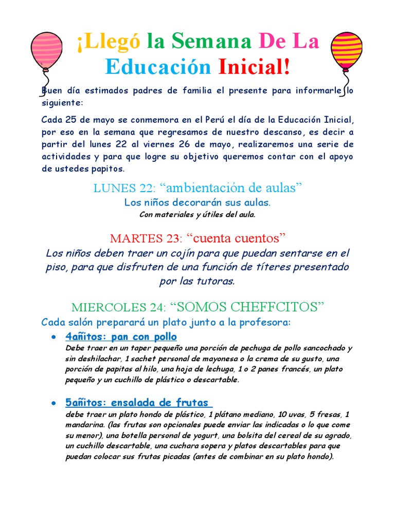 Actividades Semana de La Educacion Inicial | PDF | Alimentos | Cocina