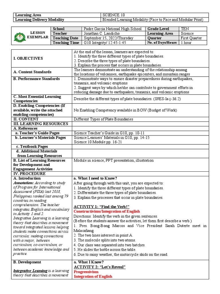 IDEA Lesson Exemplar COT 1 | PDF | Plate Tectonics | Cognition