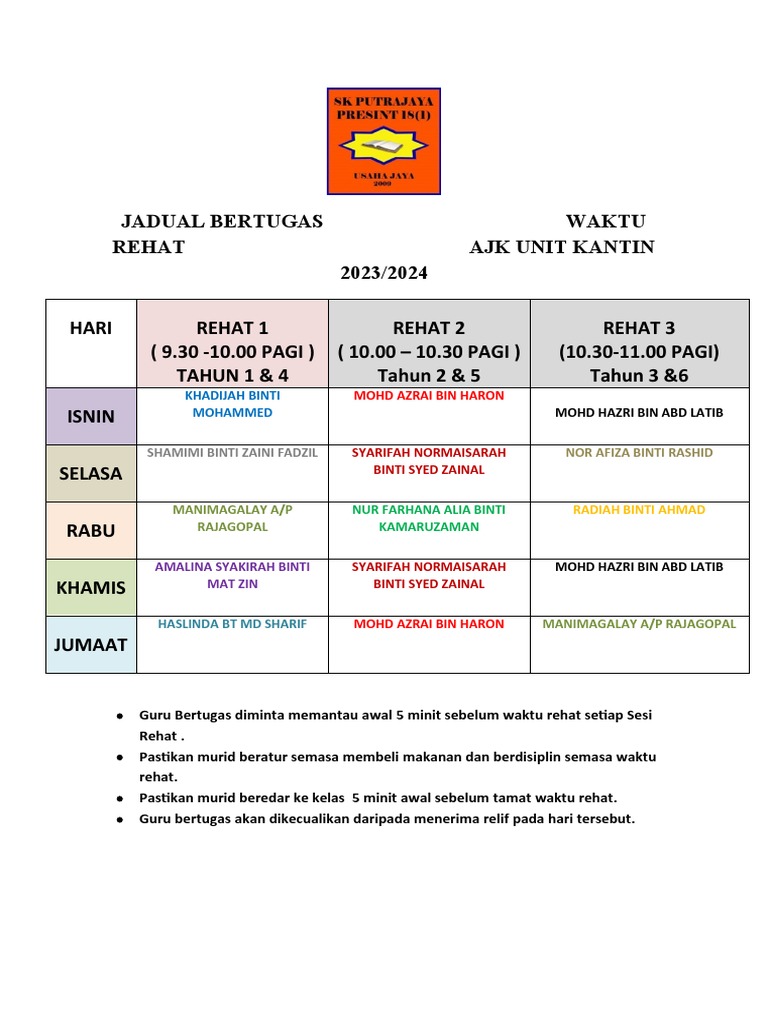 Jadual Bertugas dan Waktu Rehat 2023/2024 | PDF