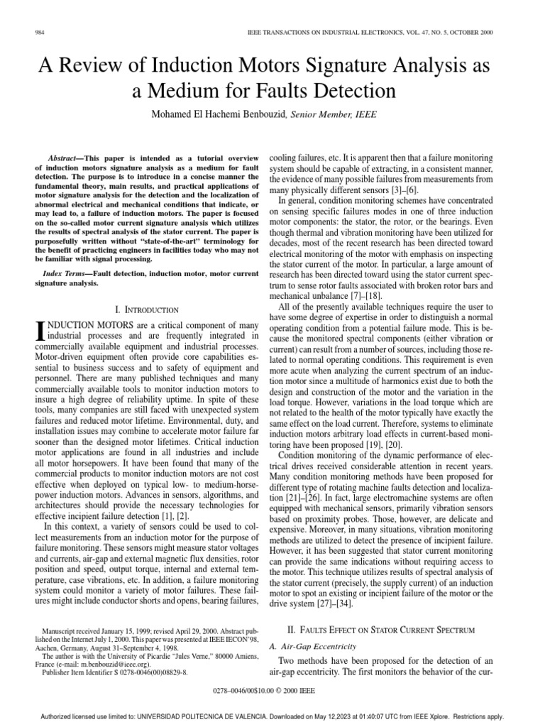 A Review Of Induction Motors Signature Analysis As A Medium For Faults Detection Pdf
