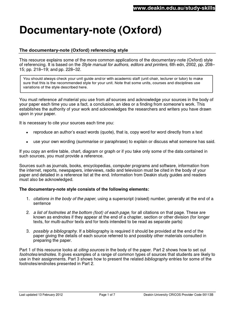 The Documentary-Note. Oxford. Referencing Style | PDF | Citation | Note ...