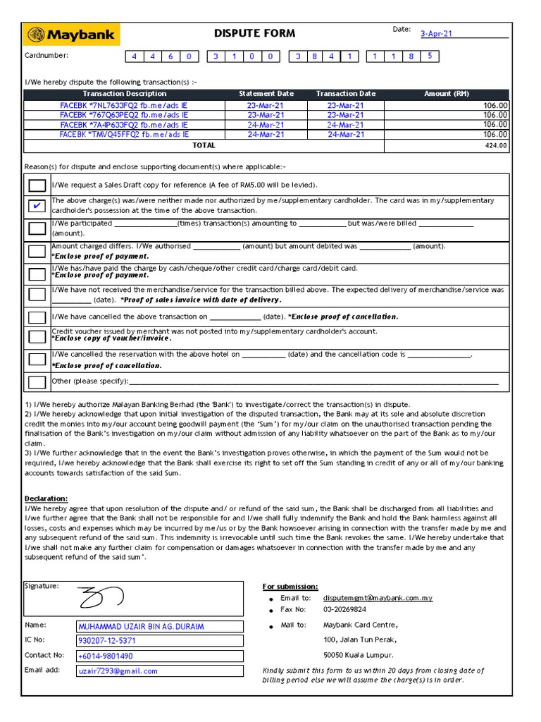 Credit Card Dispute Form | PDF | Payments | Debit Card