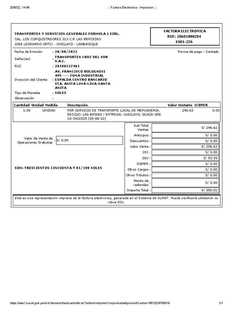 Factura Electronica RUC: 20601888204 E001-226 | PDF | Bancario | Tecnología financiera