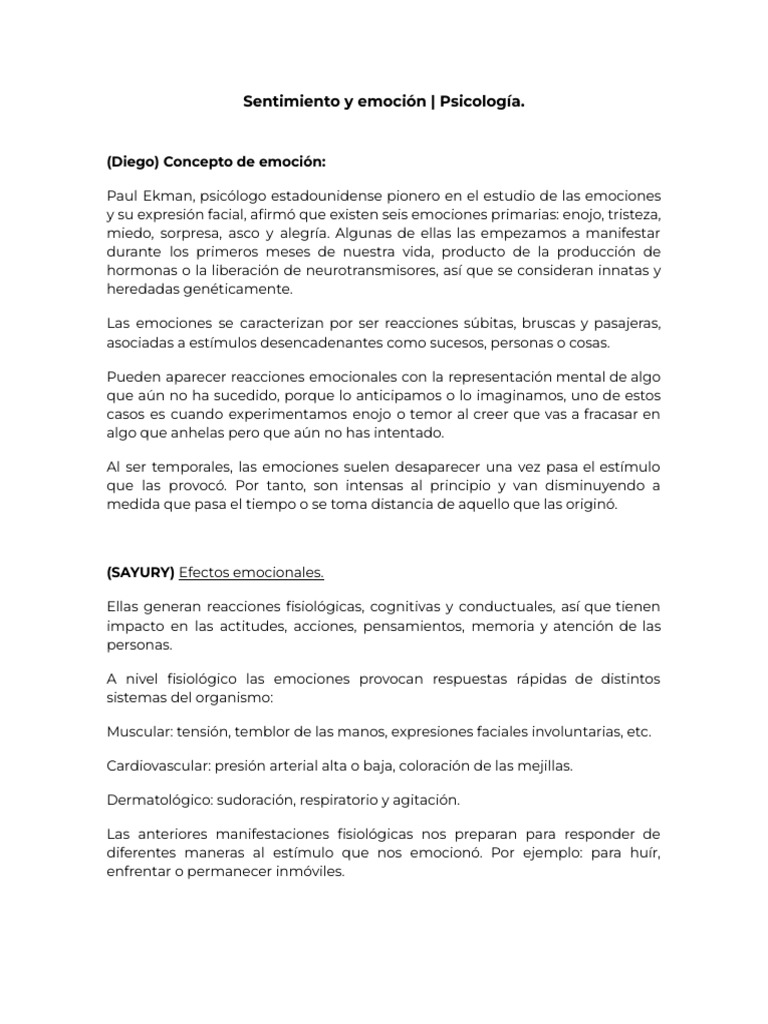 Sentimiento Y Emoción Pdf Las Emociones Temor