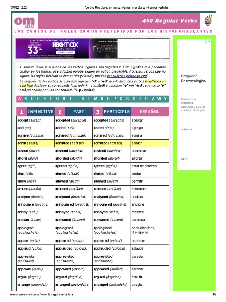 Lista de Verbos Regulares | Descargar gratis PDF | Verbo | Interpretación (filosofía)