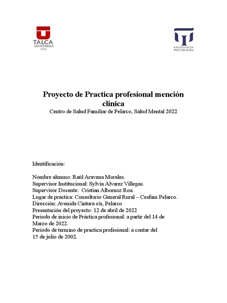 Proyecto de Practica Profesional - Aravena Raúl. | PDF | Psicoterapia | Salud mental