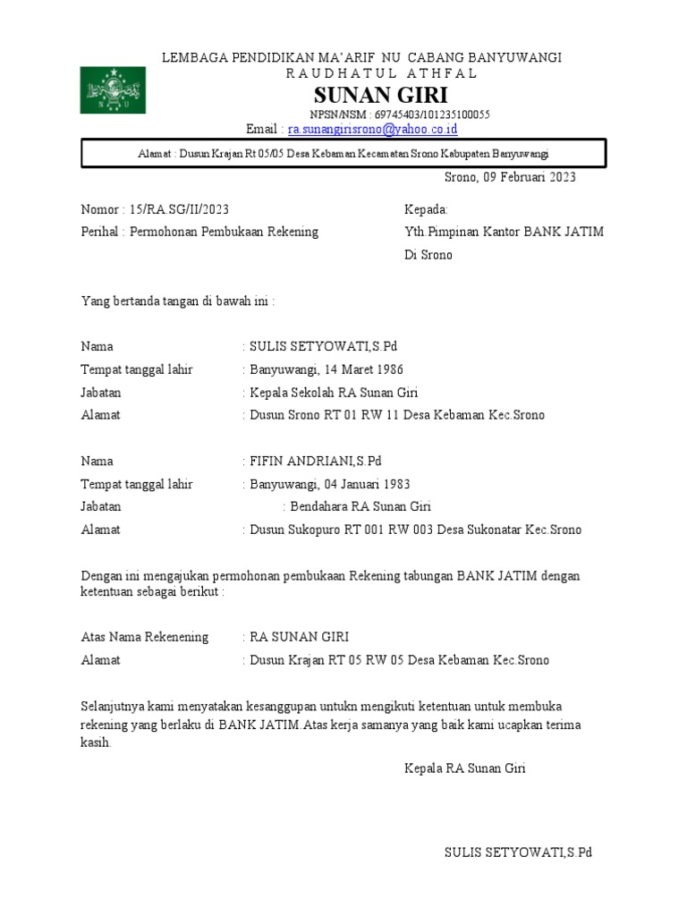 Permohonan Rekening Bank Jatim RA Sunan Giri | PDF