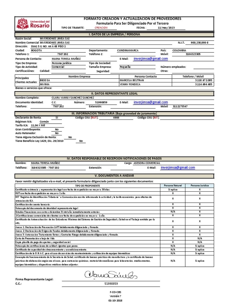 Formato Creacion Proveedores Universidad Del Rosario | PDF