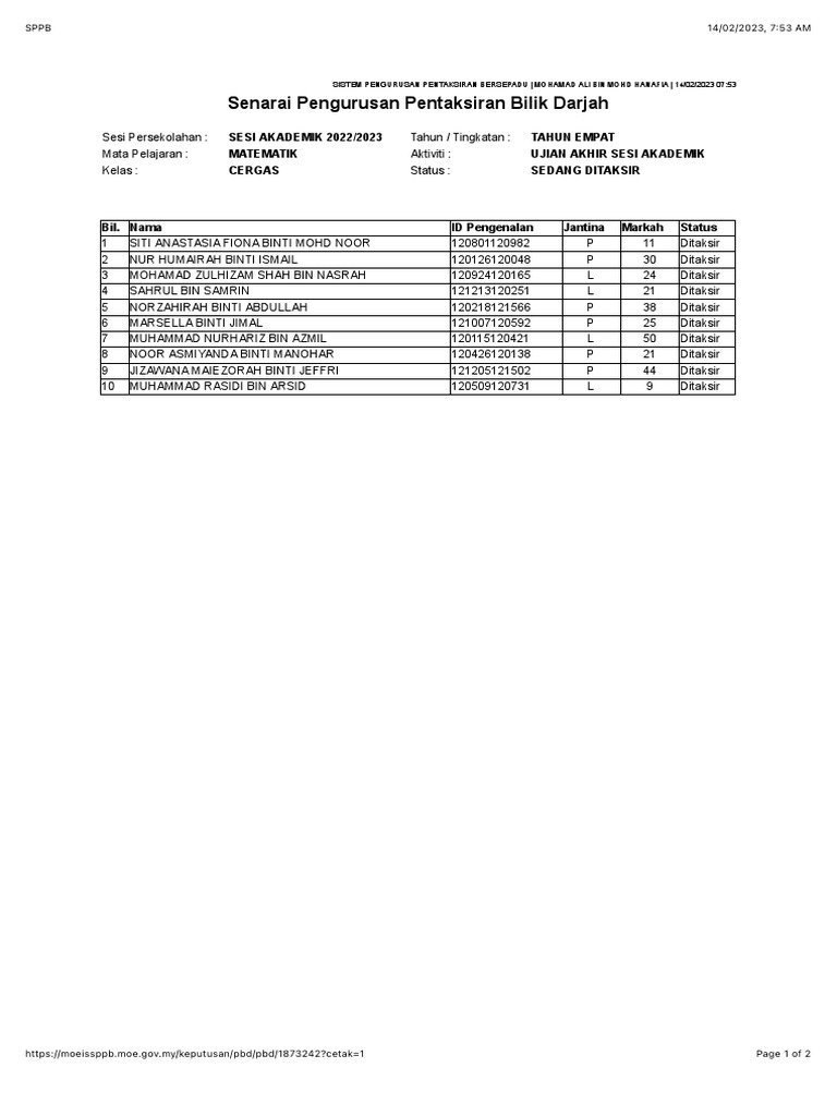 Markah MT T4 UASA 2023 | PDF