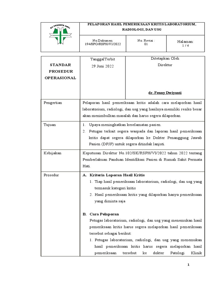 194.spo Pelaporan Hasil Pemeriksaan Kritis Laboratorium Radiologi Usg | PDF
