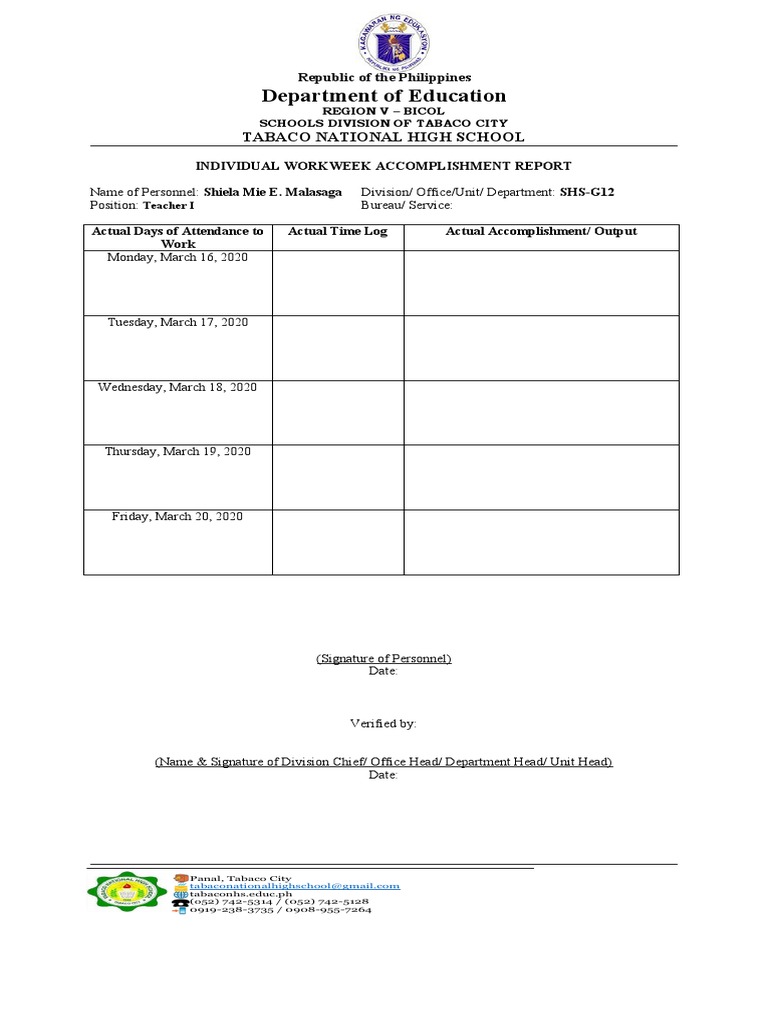 Individual Workweek Accomplishment Report | Download Free PDF | Workweek And Weekend