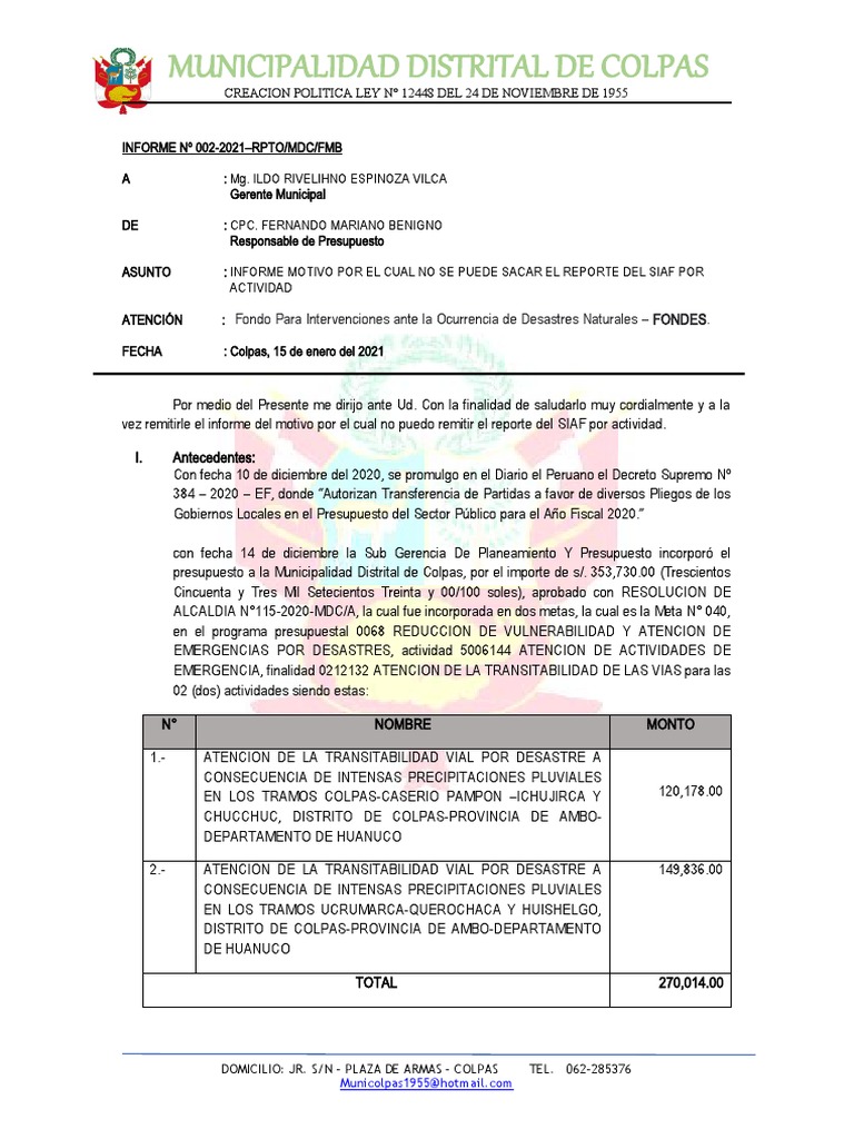 Informe sobre FONDES y SIAF en Colpas | PDF | Presupuesto