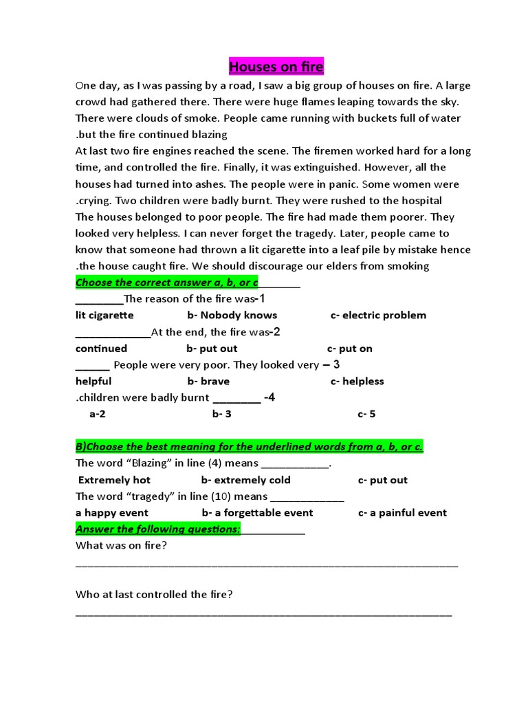 houses-on-fire-reading-comprehension-exercises_58259 | PDF